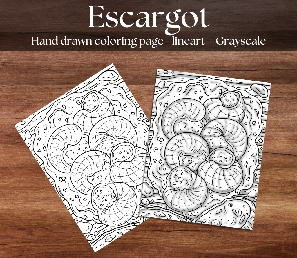 Escargot Coloring Page PDF - Line Art + Grayscale - Draw My Recipes